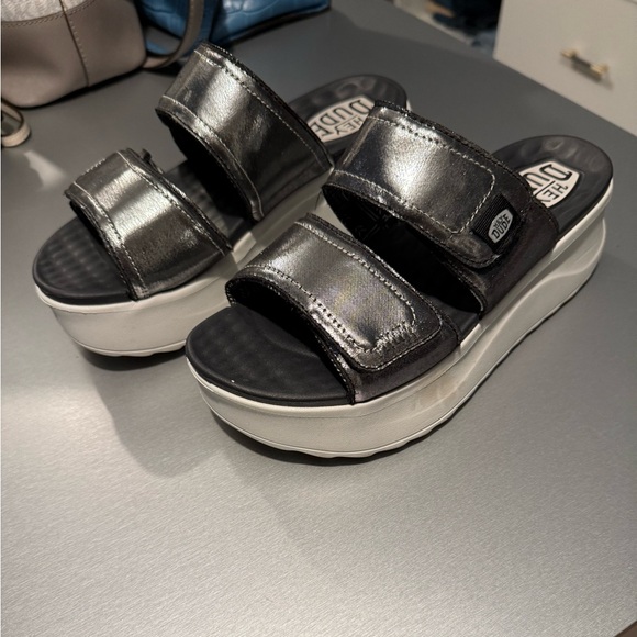 Hey Dude | Shoes | Hey Dude Silver And Black Platform Sandals | Poshmark